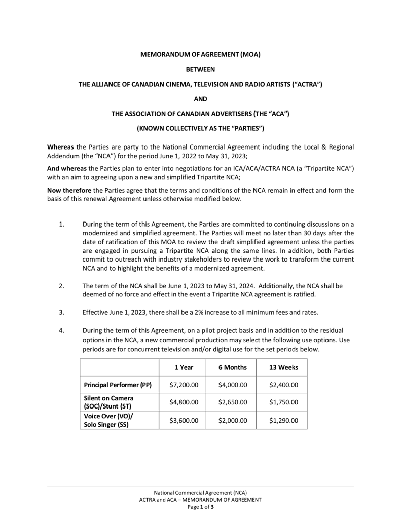 National Commercial Agreement (NCA) | Association of Canadian Advertisers